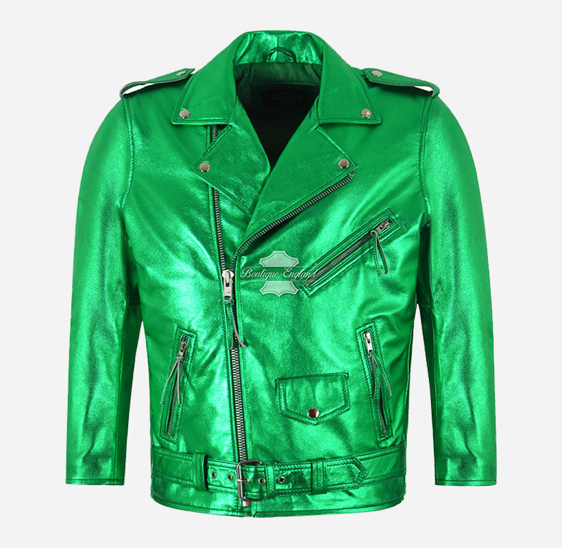 BRANDO Men's Green Metallic Leather Biker Jacket – Boutique England