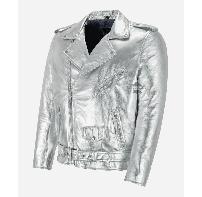 Glamorous Brando Leather Jacket Men's Silver & Golden Leather Jacket ...